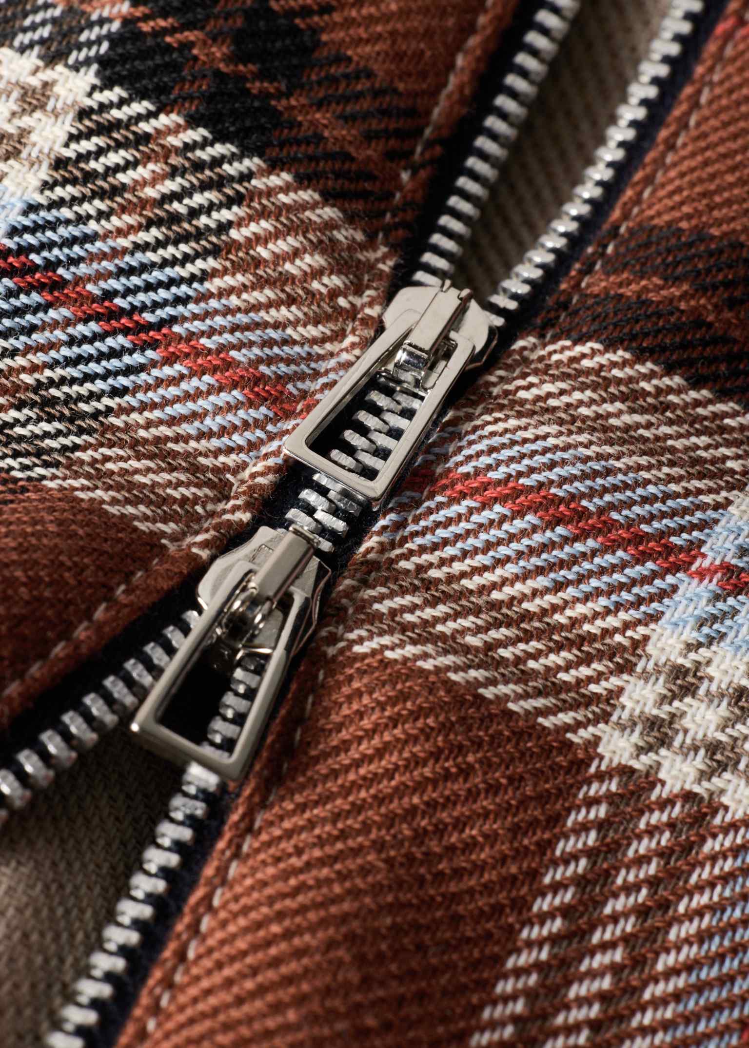 Men's Brown Double-Face Cotton Check Zip-Front Shirt