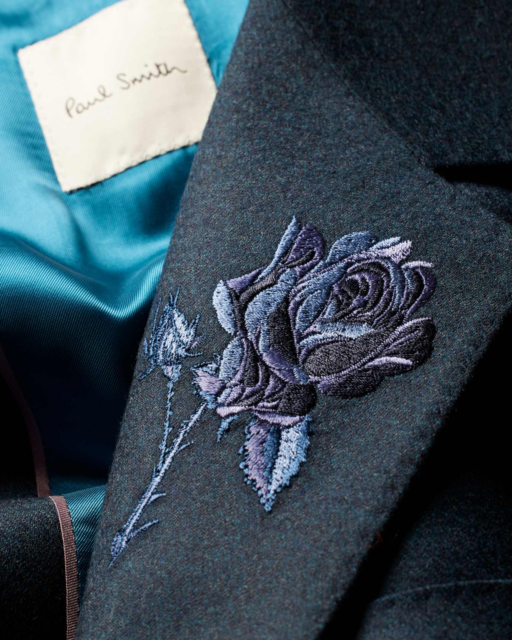 Men's Dark Teal Wool-Cashmere Flannel Embroidered Flower Blazer