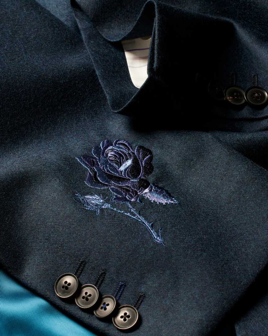 Men's Dark Teal Wool-Cashmere Flannel Embroidered Flower Blazer