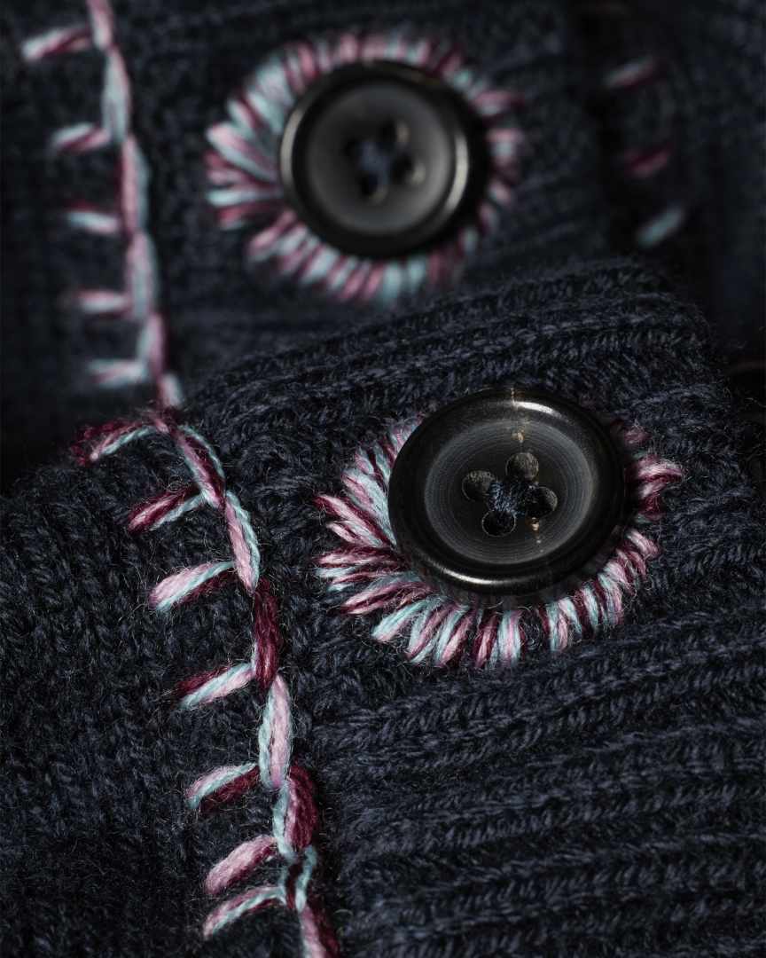 Women's Navy Contrast-Stitched Placket Knitted Merino Cardigan